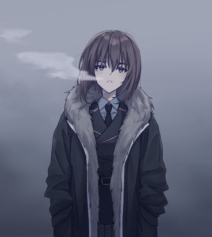 Safebooru - 1girl belt black belt blurry blurry background breath brown ...