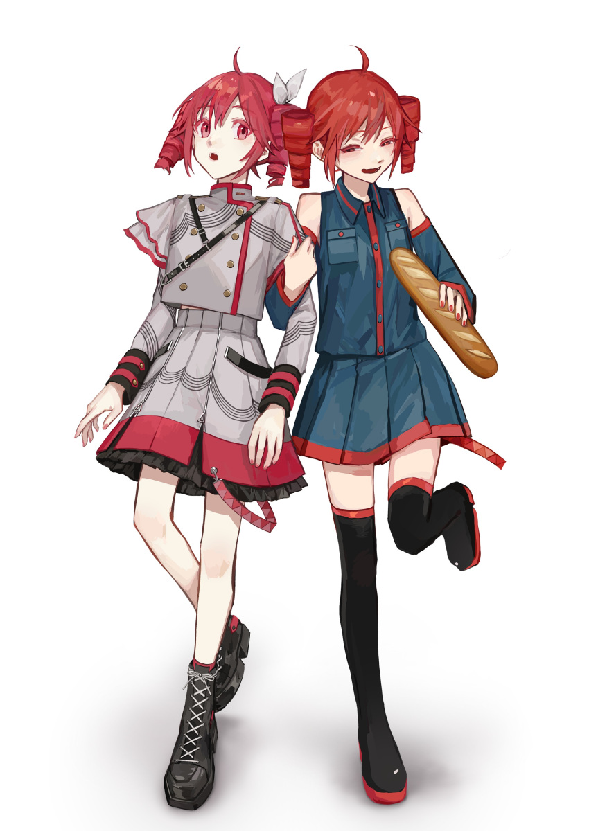 Safebooru - 2girls absurdres ahoge baguette bare shoulders belt black belt black sleeve cuffs ...