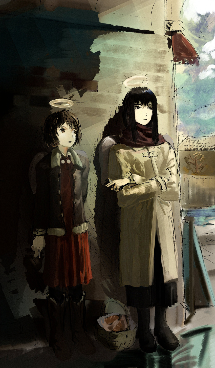 Safebooru - 2girls absurdres basket black eyes black footwear black hair boots brown eyes brown ...