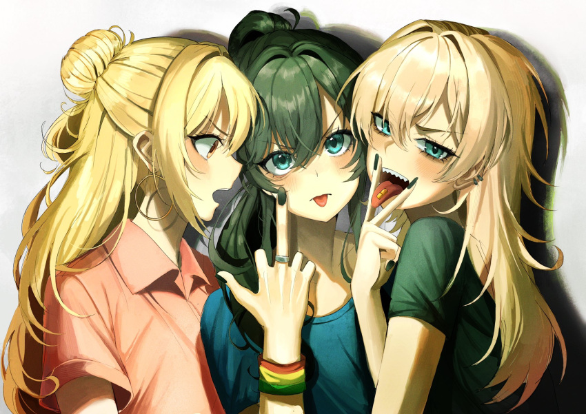 Safebooru - 3girls black hair black nails black shirt blonde hair blue ...