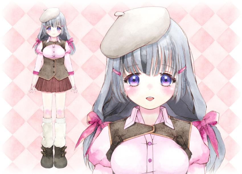 Safebooru - 1girl beret black footwear boots bow breasts brown skirt collared shirt hair bow hat ...