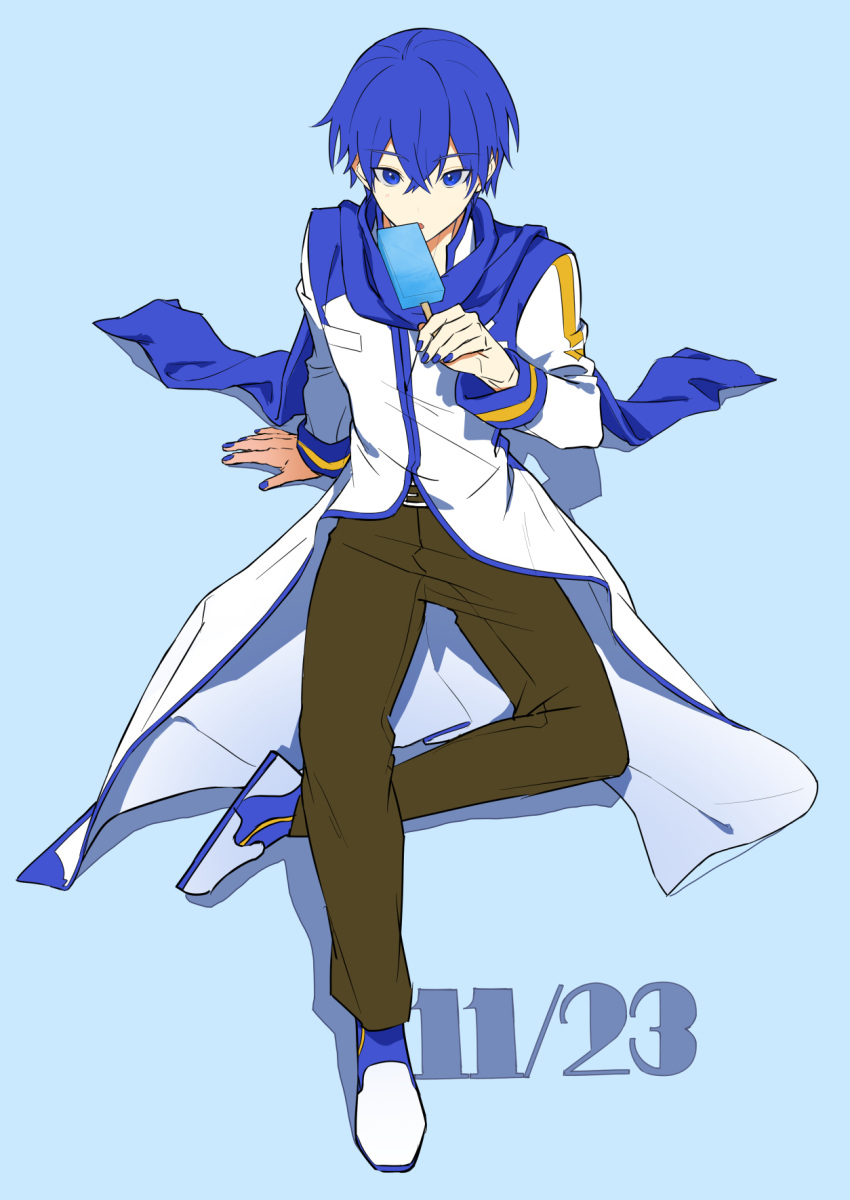 Safebooru - 1boy belt black pants blue background blue eyes blue hair blue nails blue scarf blue ...