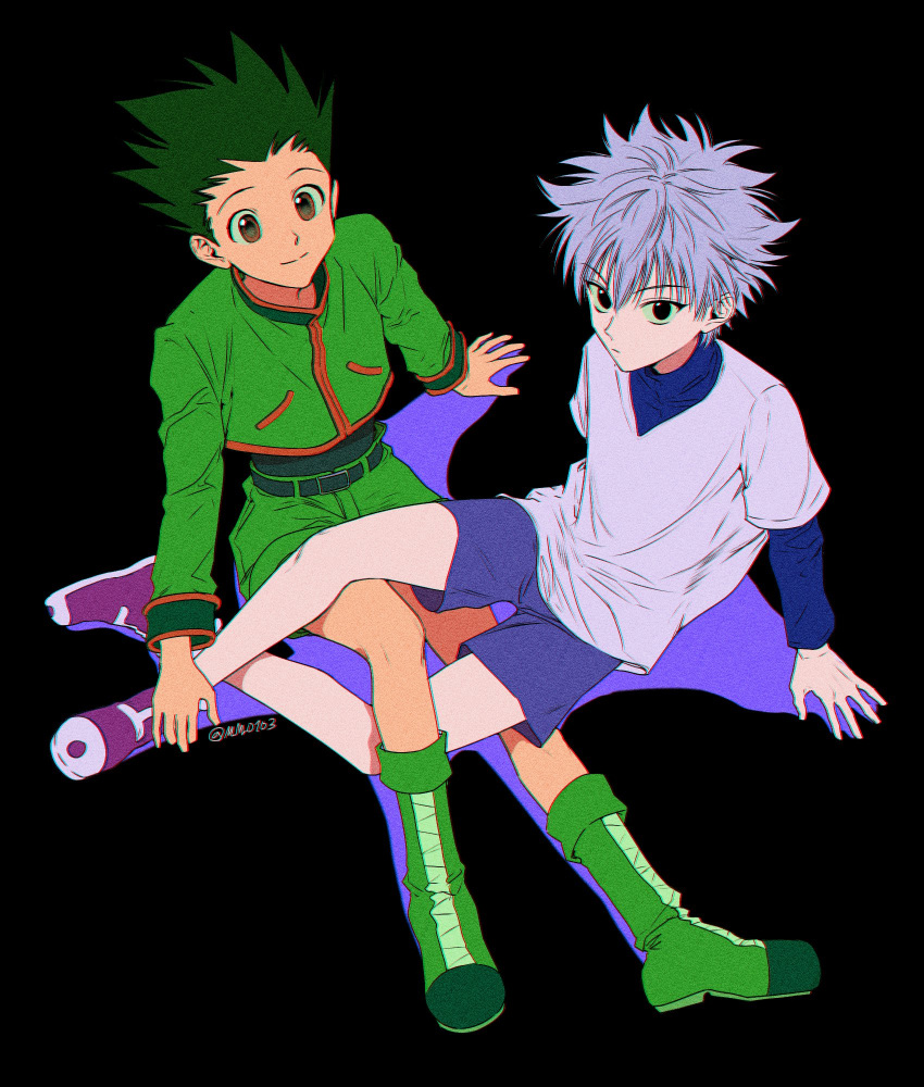 Safebooru - 2boys black background black eyes blue shirt blue shorts ...