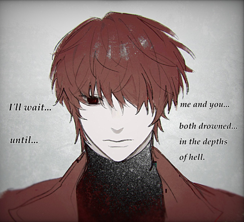 Safebooru - 1boy black eyes coat english text grey background hair over ...