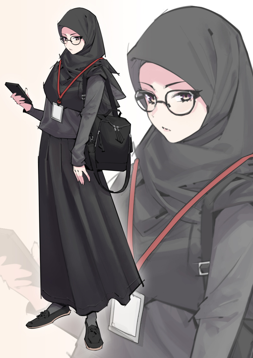 Safebooru - 1girl absurdres bag black bag black footwear black hijab black shirt black skirt ...