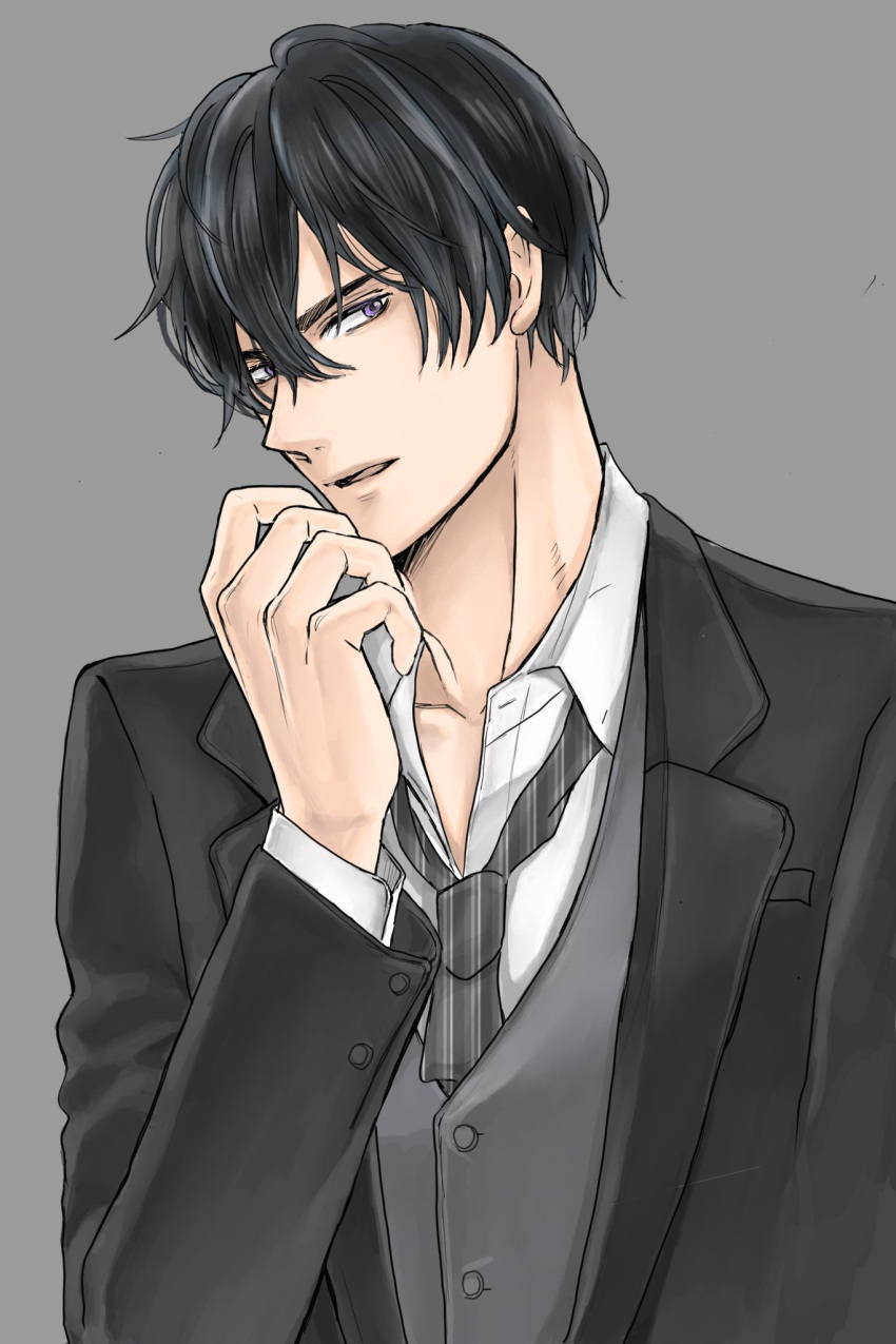 Safebooru - 1boy aresh indolark black hair black suit grey background ...