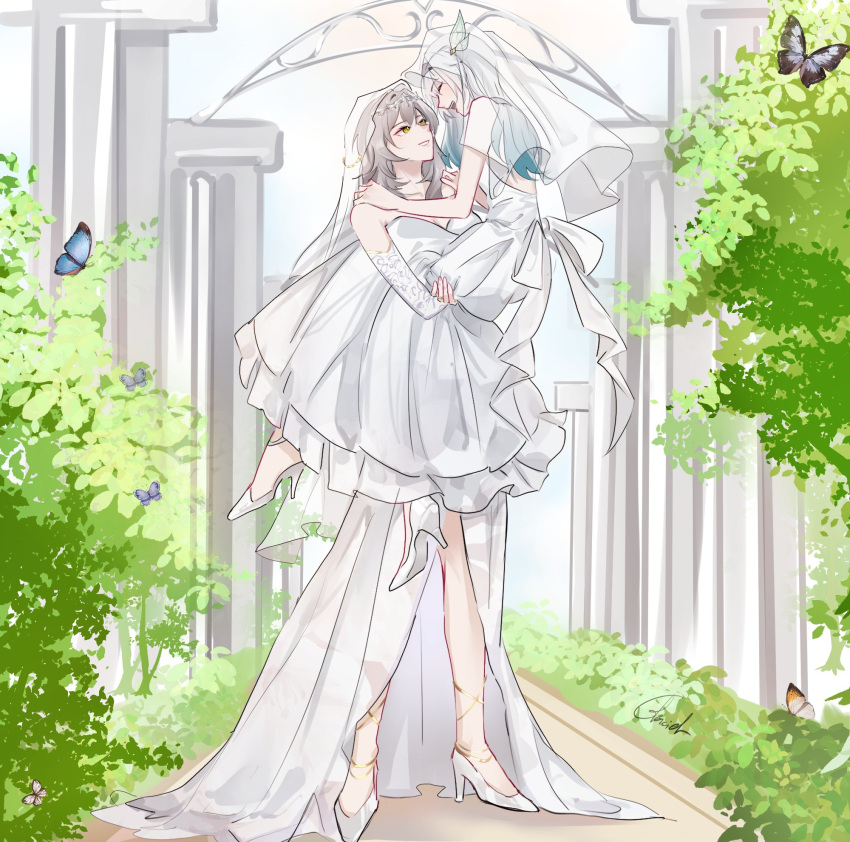 Safebooru - 2girls black butterfly blue butterfly blue hair bug bush butterfly carrying carrying ...