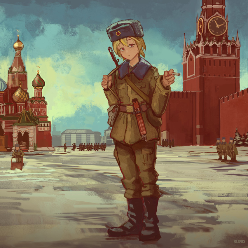 Safebooru - 1girl 6+boys ak-47 assault rifle belt blonde hair cigarette ...