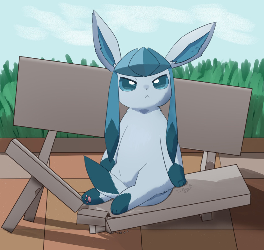 Safebooru - animal focus blue eyes blue hair bright pupils broken chair closed mouth frown ...