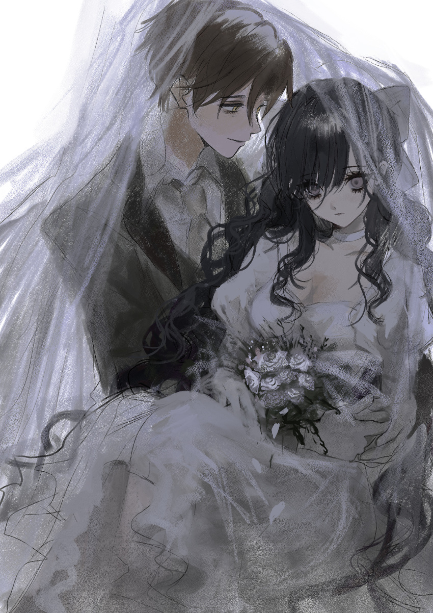 Safebooru - 1boy 1girl absurdres akai ringo (eveyuno) black hair bow breasts bridal veil brown ...