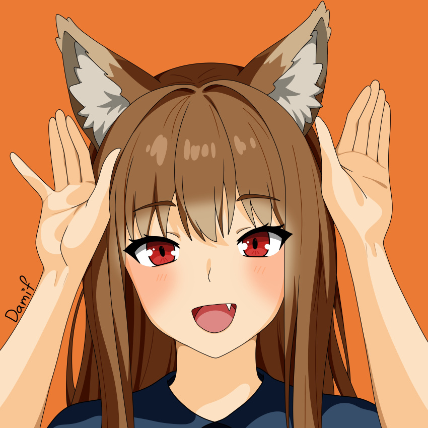 Safebooru - 1girl :d absurdres animal ear fluff animal ears blue shirt ...