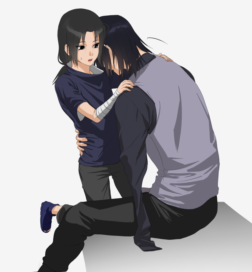 Safebooru - 2boys amputee bandaged arm bandages black eyes black hair black pants blue footwear ...