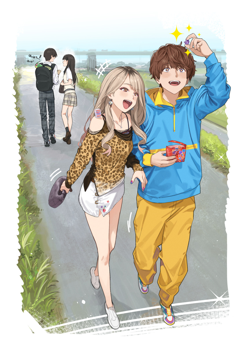 Safebooru - 2boys 2girls absurdres amane sachika animal print bag black hair blonde hair blue ...