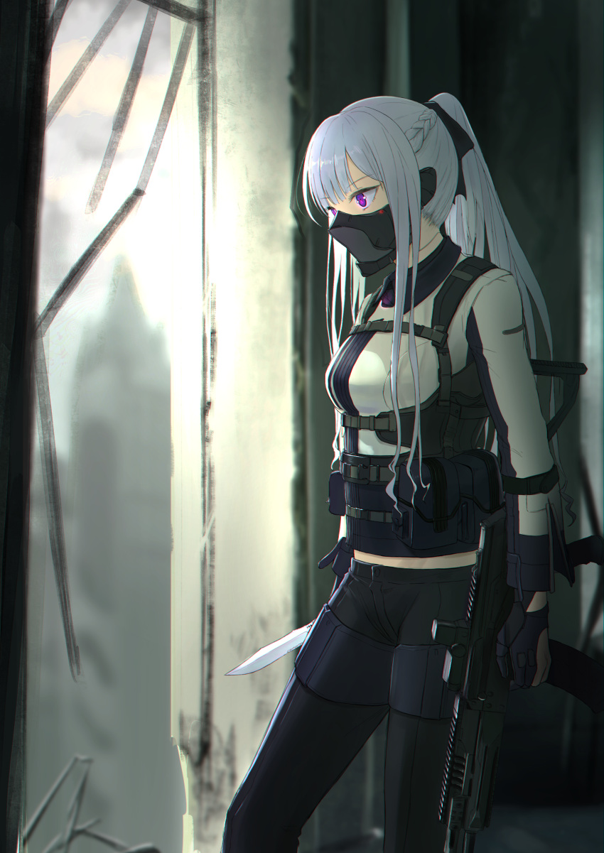 Safebooru - 1girl absurdres ak-12 ak-12 (girls' frontline) assault rifle belt black bow black ...
