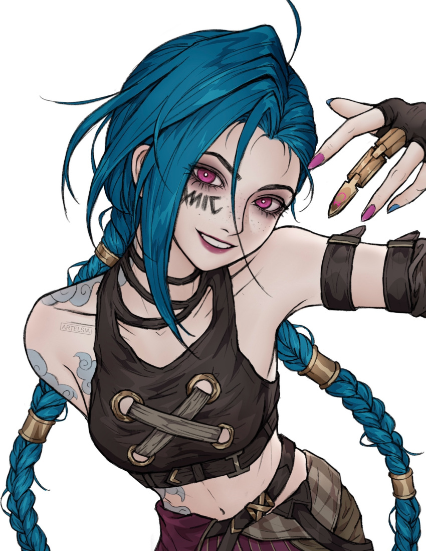 Safebooru - 1girl arcane: league of legends artelsia blue hair blue nails braid facepaint jinx ...