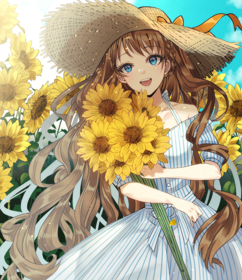 Safebooru - 1girl bare shoulders blue eyes blue sky braid brown hair clouds commentary request ...