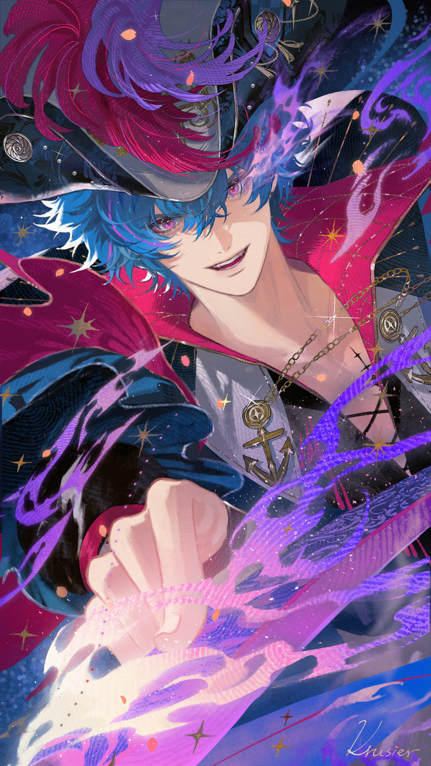 Safebooru - 1boy :d absurdres artist name blue hair blue hat blue shirt brant (wuthering waves ...