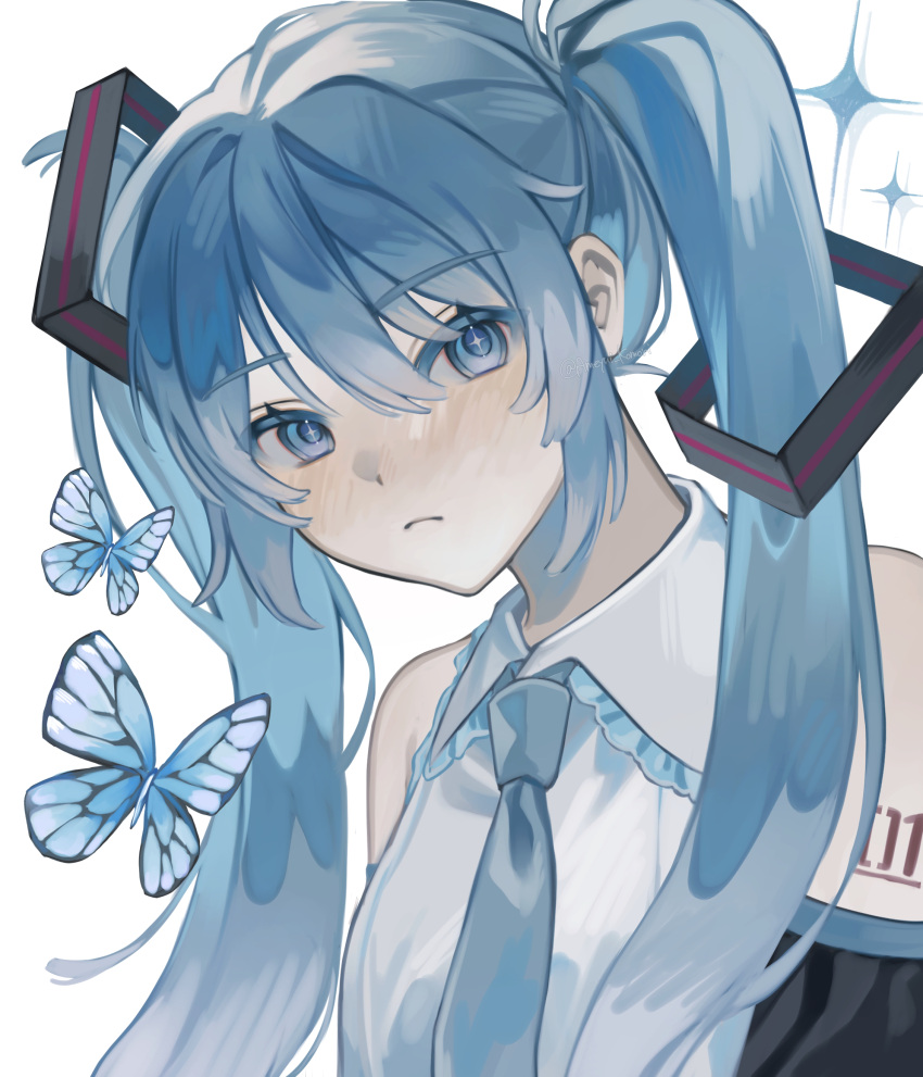 Safebooru - 1girl absurdres ameyui komori bare shoulders blue butterfly blue eyes blue necktie ...