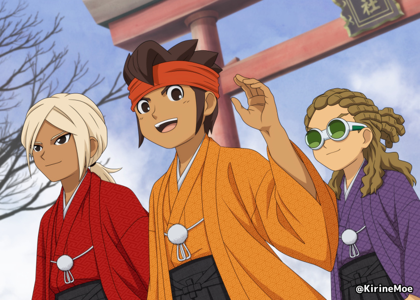 Safebooru - 3boys black eyes black hakama blonde hair blue sky brown ...