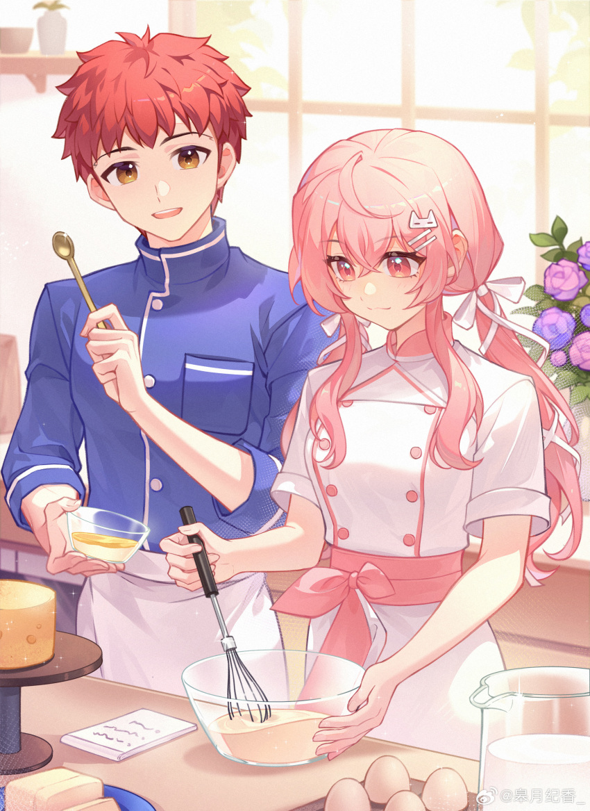 Safebooru - 1boy 1girl absurdres apron blush bow bowl breasts cooking ...