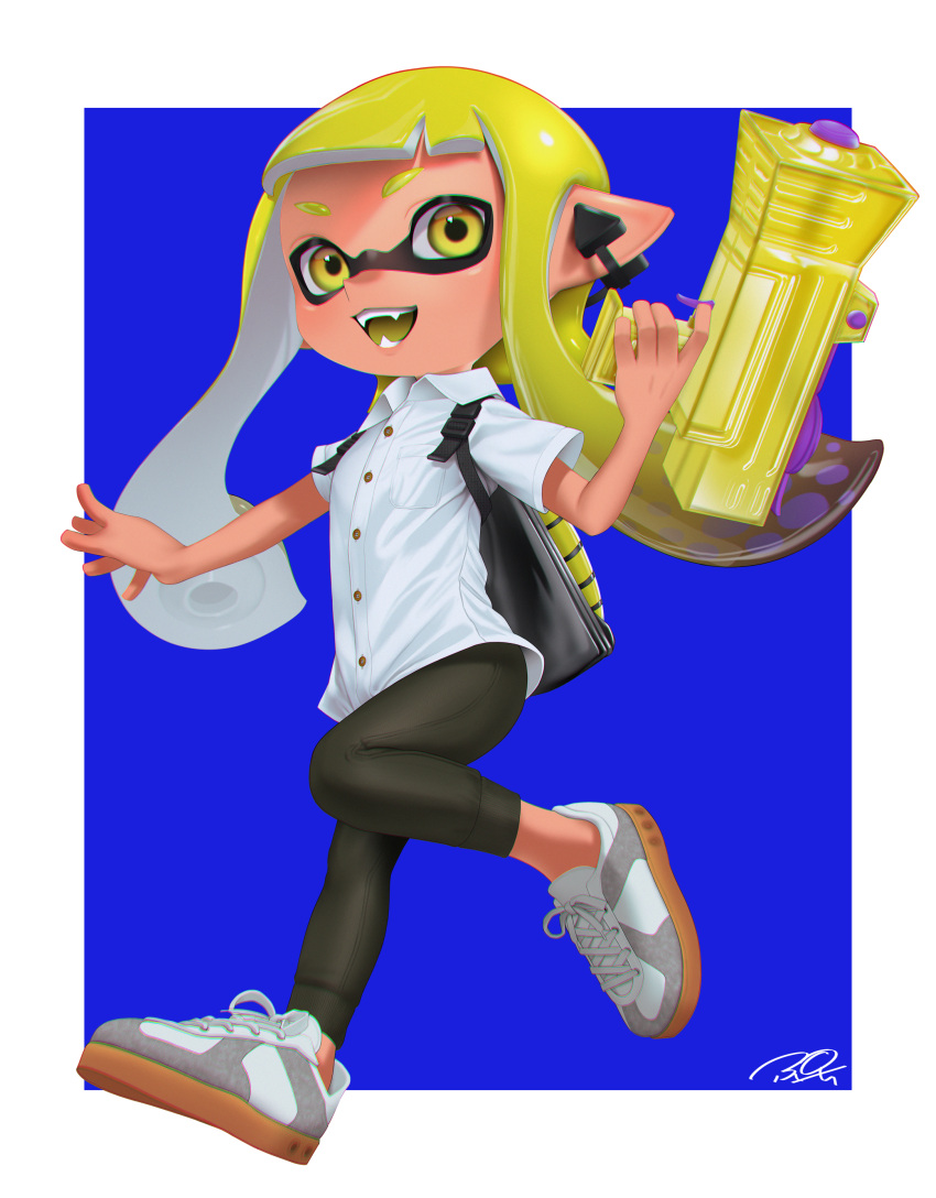 Safebooru - 1girl absurdres black leggings blonde hair blue background ...