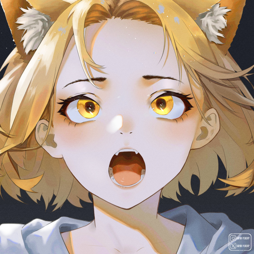 Safebooru - 1girl animal ears blonde hair cat ears cat girl close-up fangs highres izei1337 ...