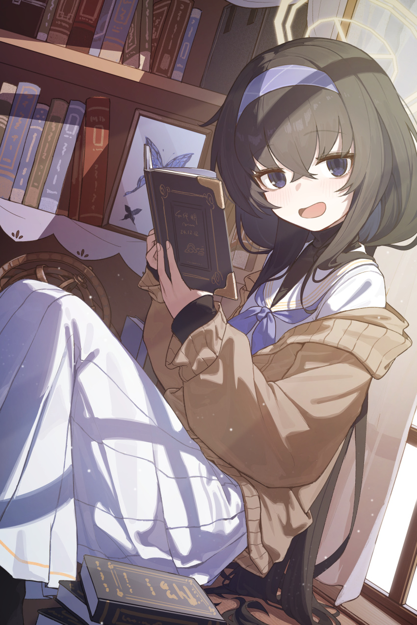 Safebooru - 1girl absurdres black hair black undershirt blue archive book book stack bookshelf ...