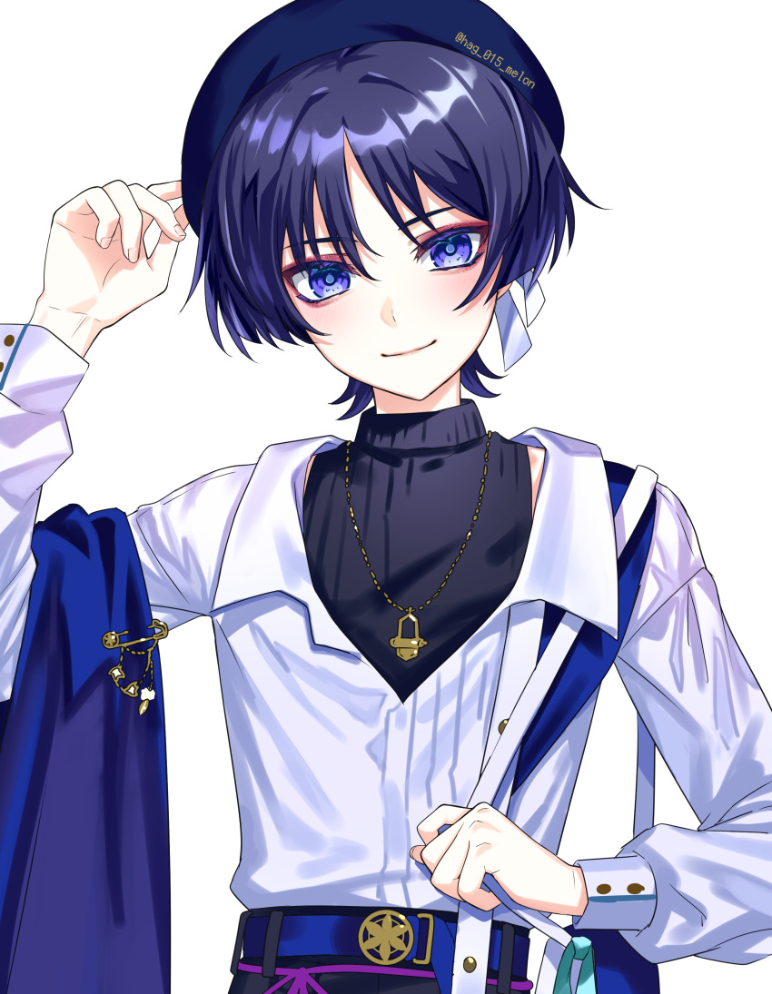 Safebooru - 1boy absurdres alternate costume arm up bag belt belt buckle beret black sweater ...