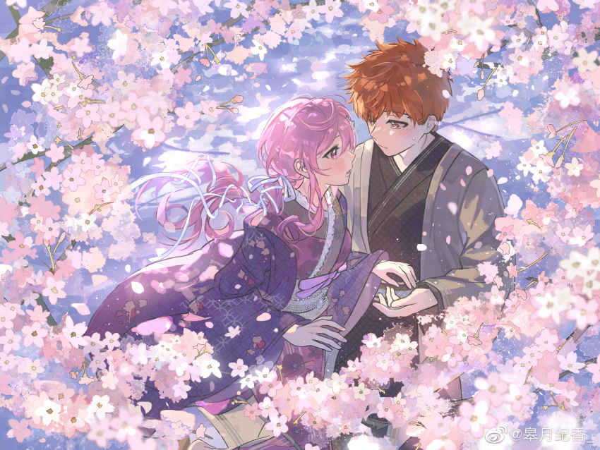 Safebooru - 1boy 1girl arch black kimono blush bow breasts cross emiya ...