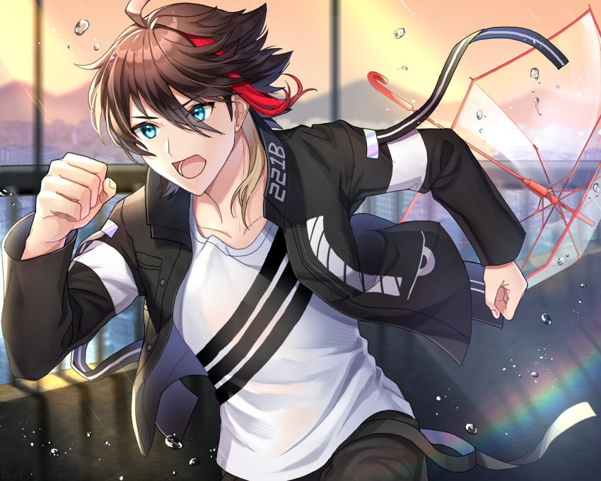 Safebooru - 1boy belt black belt black jacket black pants blue eyes brown hair clenched hands ...