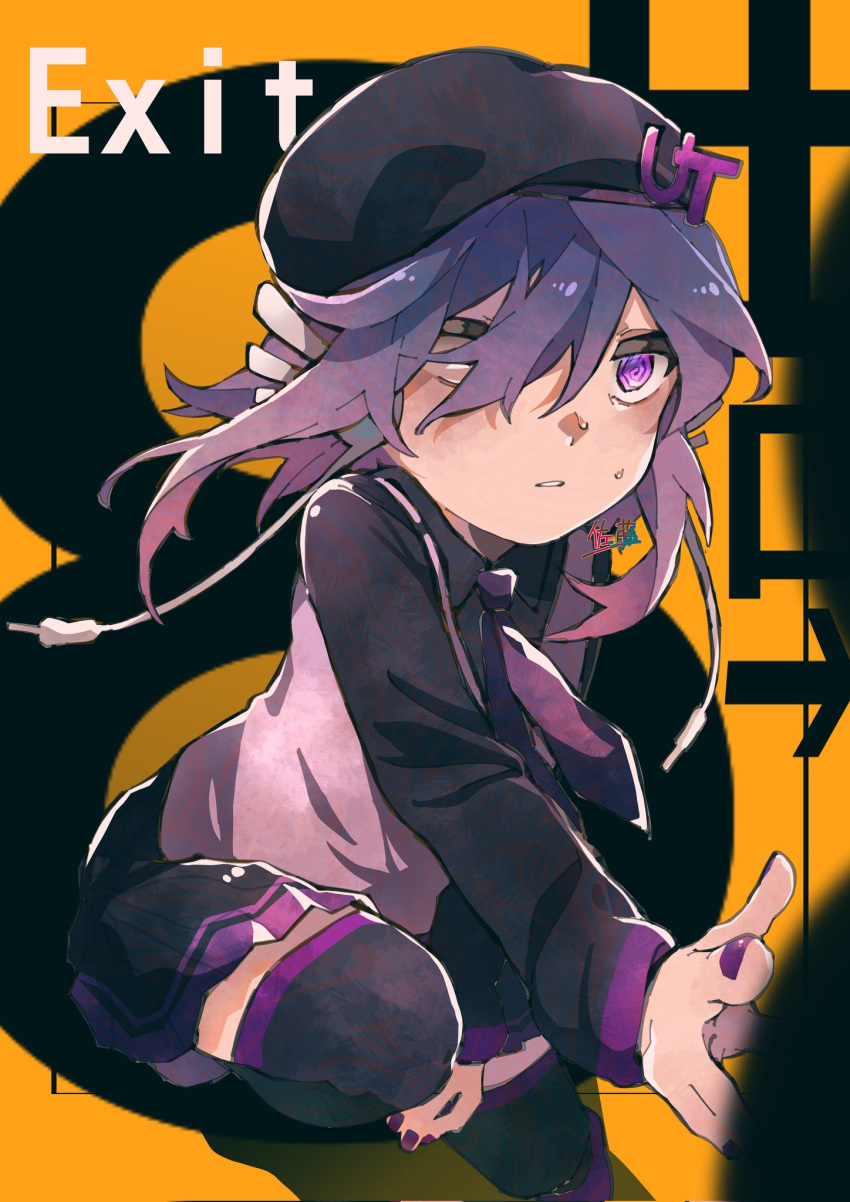 Safebooru - 1girl @ @ beret black hat black sleeves black thighhighs ...