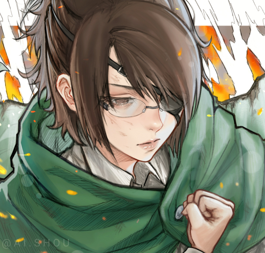 Safebooru - 1girl ai shou artist name brown eyes brown hair clenched hand cloak collared shirt ...