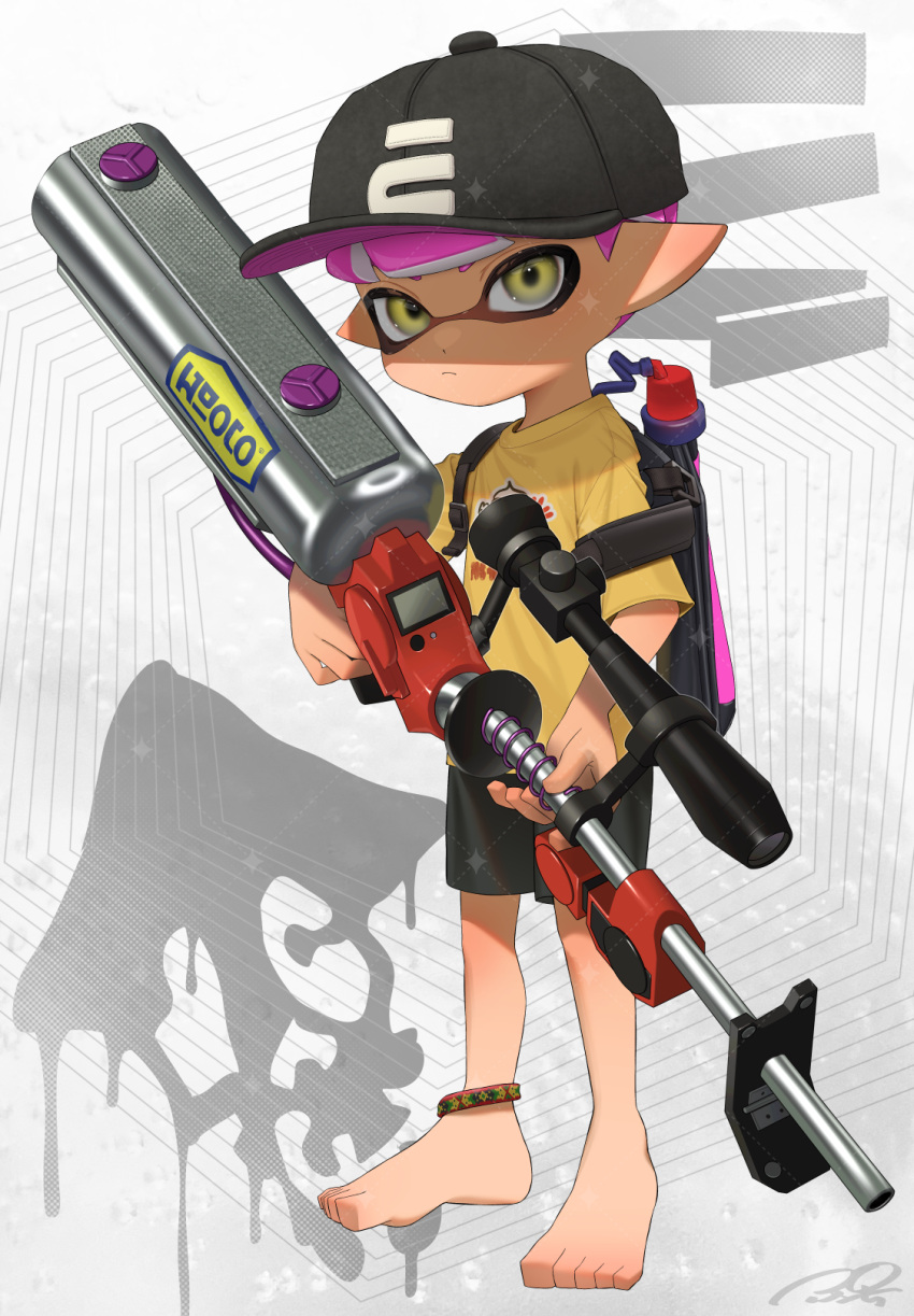 Safebooru - 1boy :/ anklet barefoot baseball cap black hat black shorts ...