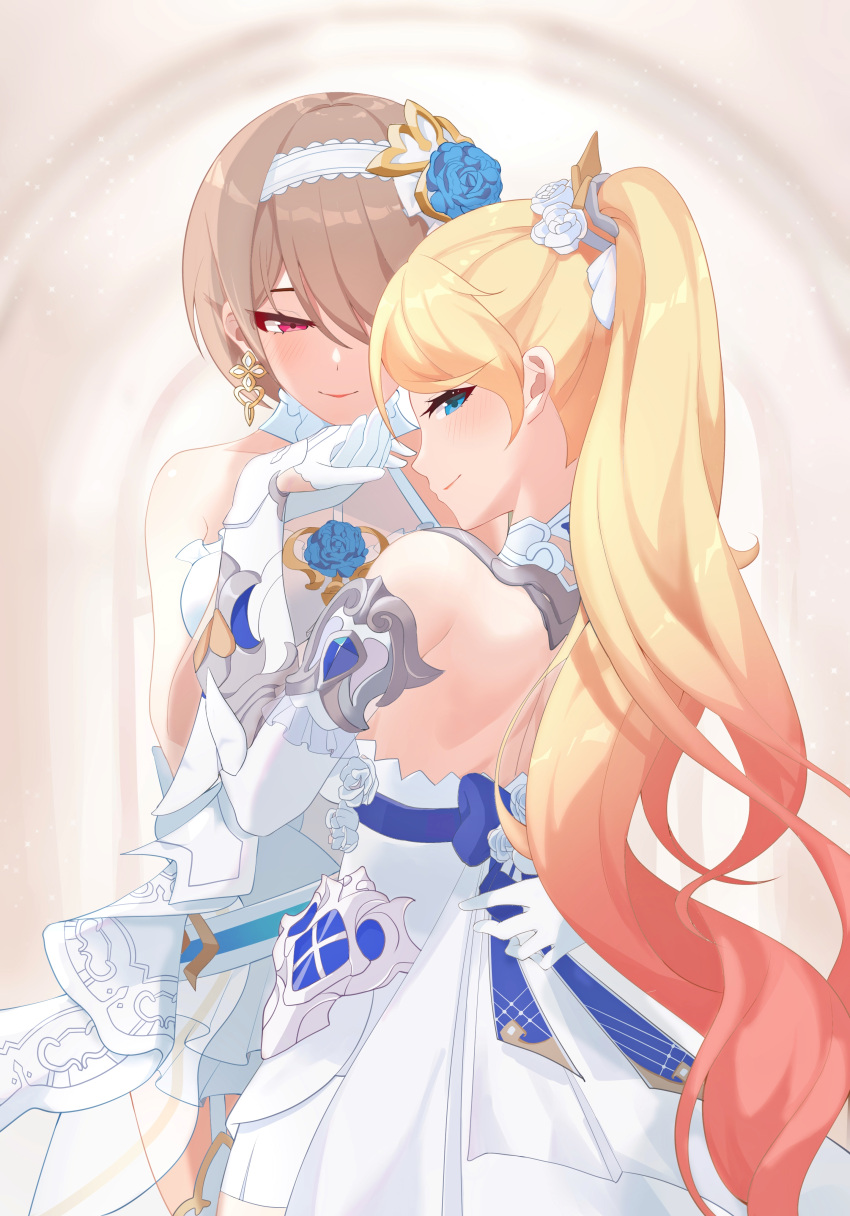 Safebooru - 2girls absurdres bare shoulders blonde hair blue eyes bride dress durandal (honkai ...