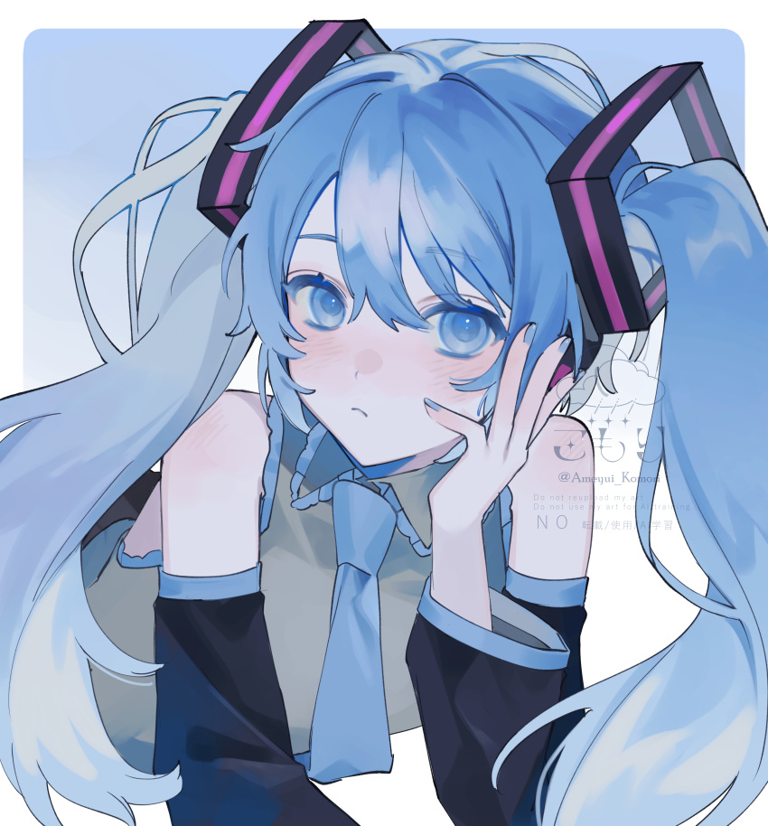 Safebooru - 1girl absurdres ameyui komori bare shoulders black sleeves blue background blue eyes ...