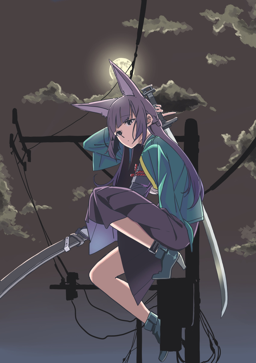 Safebooru - 1girl absurdres animal ears black hair black skirt blunt bangs closed mouth clouds ...