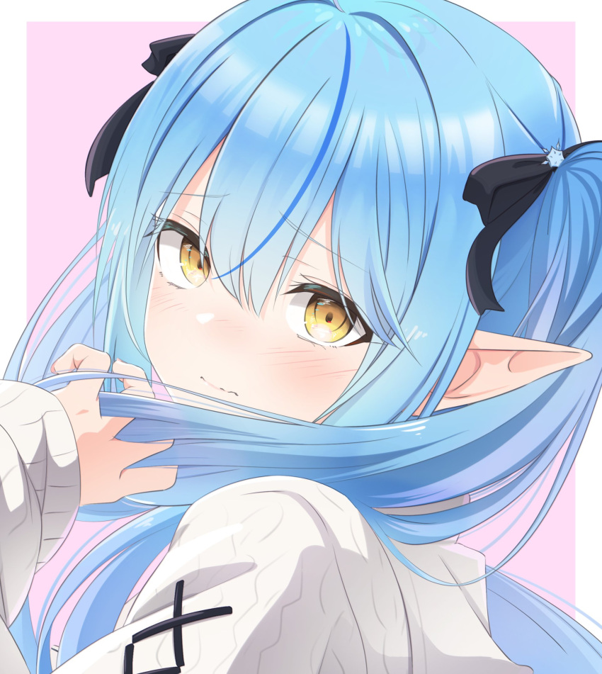 Safebooru - 1girl blue hair border close-up elf from behind highres ...