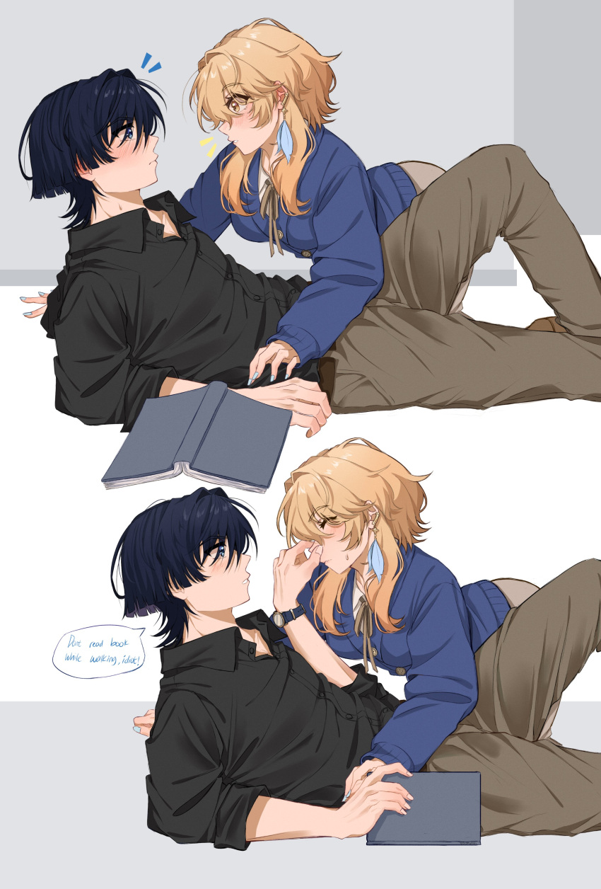 Safebooru - 1boy 1girl absurdres alternate costume black hair black shirt blonde hair blue eyes ...