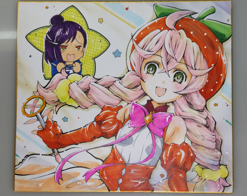 Safebooru - 2girls :d acro trip ahoge berry blossom bow braid breasts ...