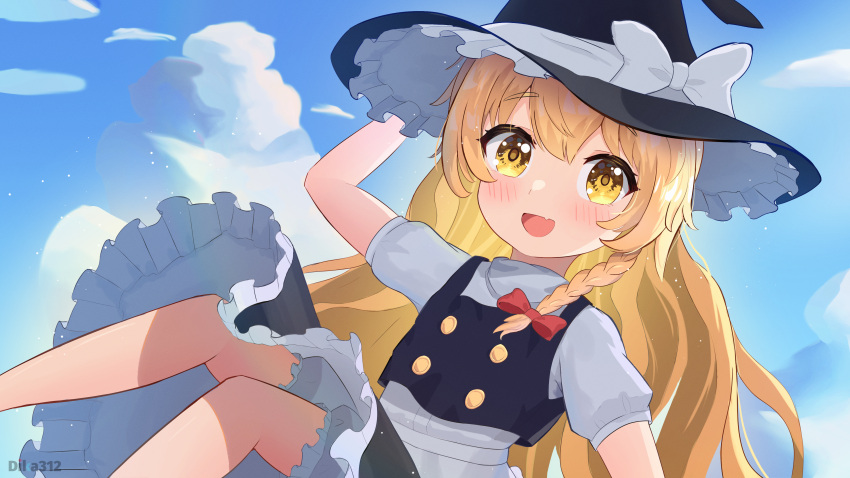 Safebooru - 1girl :d absurdres arm up black hat black skirt black vest blonde hair bloomers blue ...