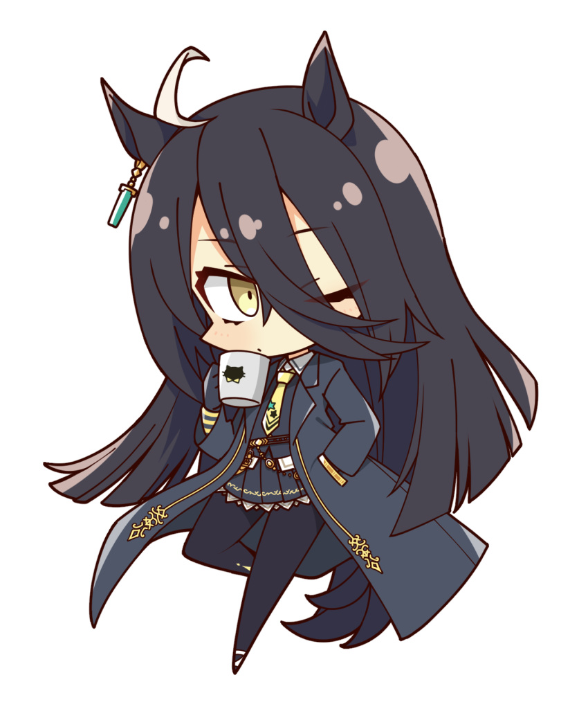 Safebooru - 1girl ahoge animal ears black hair black socks blue coat chibi coat cup full body ...