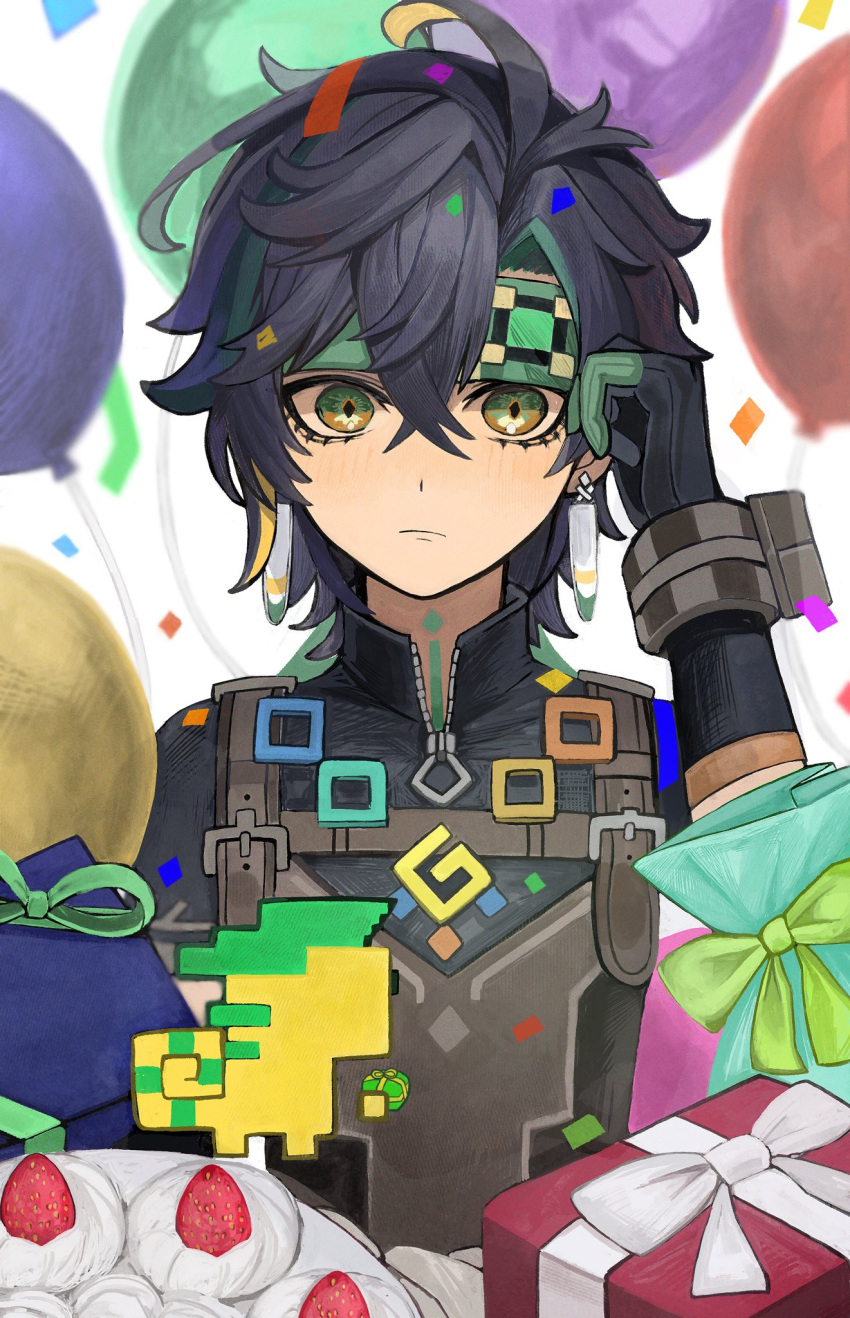 Safebooru - 1boy ajaw (genshin impact) antenna hair asatya ny balloon birthday black gloves ...