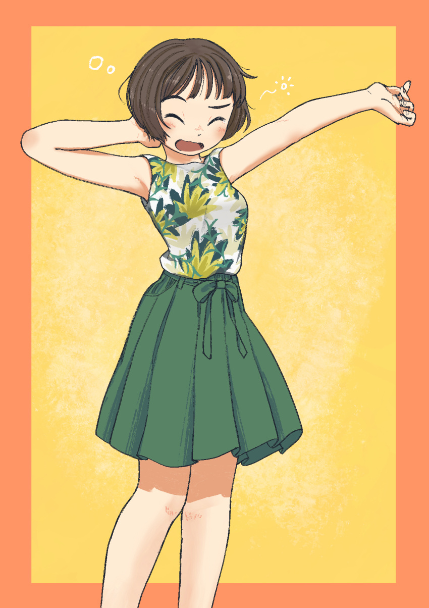 Safebooru - 1girl arai summer9 border brown hair closed eyes commentary ...