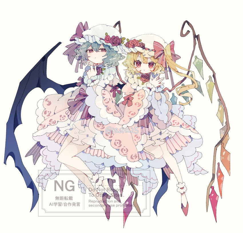 Safebooru - 2girls absurdres alternate costume bat wings blonde hair blue hair crystal wings ...