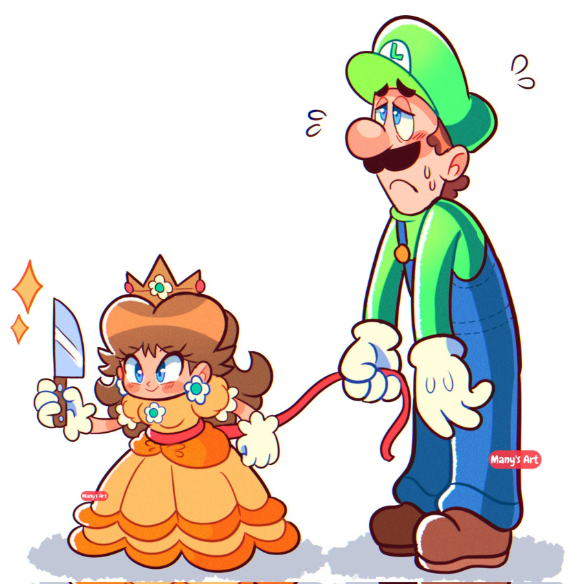 Safebooru - 1boy 1girl blue eyes blue overalls brown hair crown dress ...