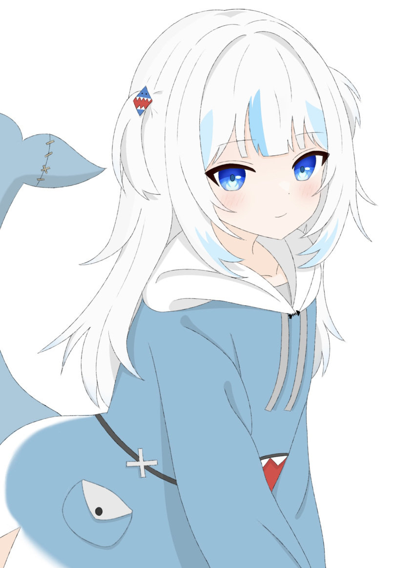 Safebooru - 1girl akaridesu214 animal costume animal hood blue eyes blue hoodie blunt bangs fins ...
