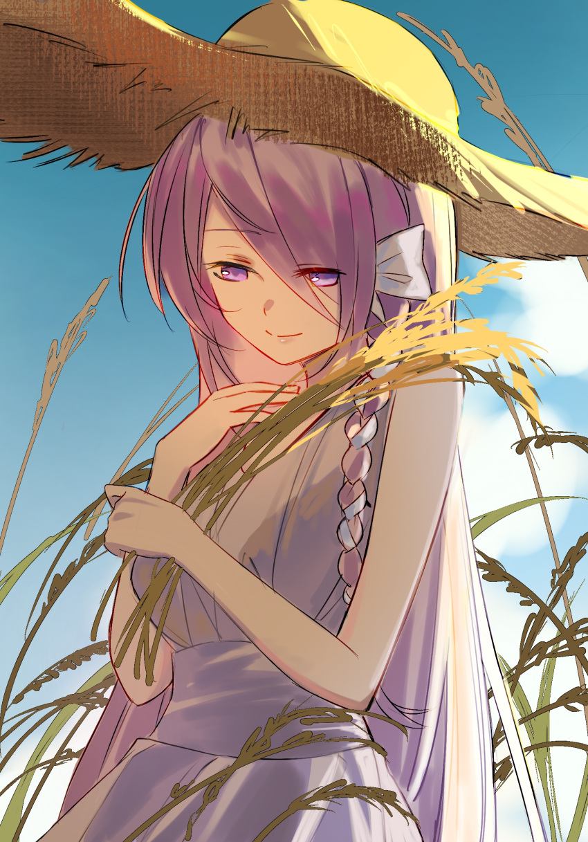 Safebooru - 1girl blue sky braid breasts dress hair over one eye hat ...