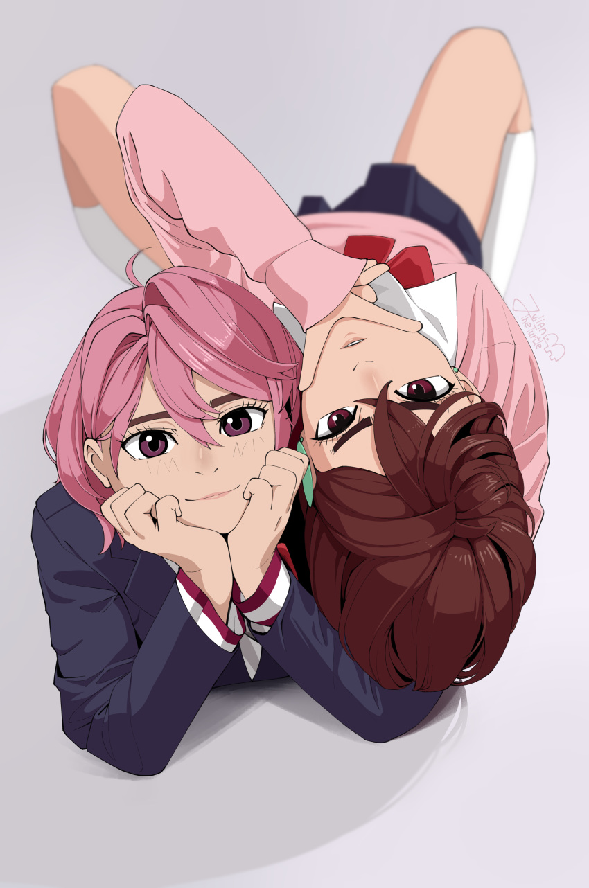 Safebooru - 2girls absurdres ayase momo blazer blue jacket bow brown eyes brown hair dandadan ...