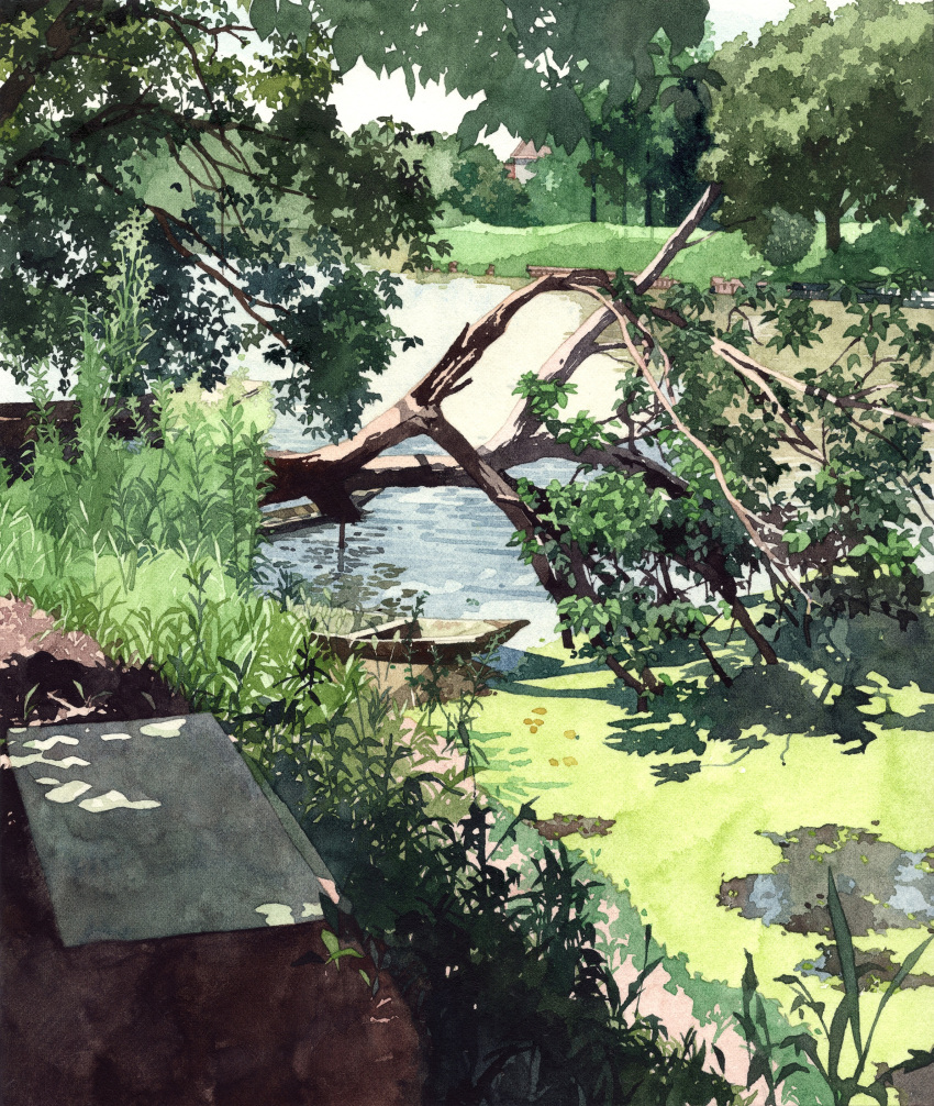Safebooru - absurdres boat day fallen tree gegyjiji highres no humans original outdoors scenery ...