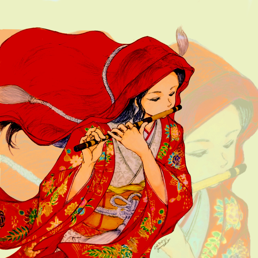 Safebooru - 1girl black hair closed eyes commentary request dated floral print flute gamoh ...